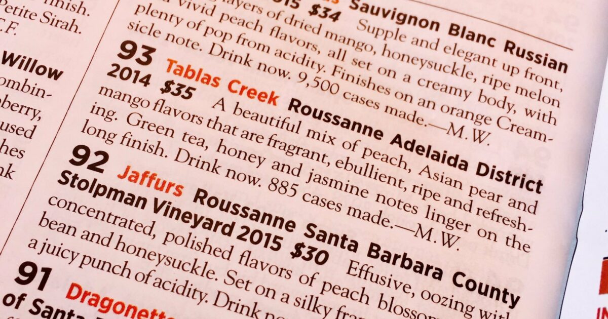 Wine Spectator 93 Points 2014 Roussanne Tablas Creek